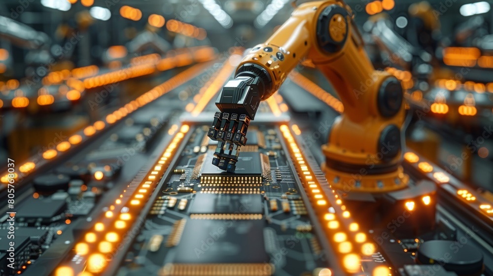 Automated PCB Assembly Line. Conveyor with Advanced High Precision Robot Arms at Electronics ...