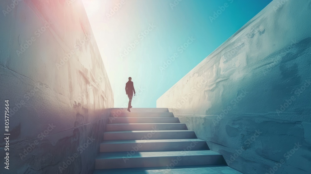 Ambitious business man climbing stairs to meet incoming challenge and ...