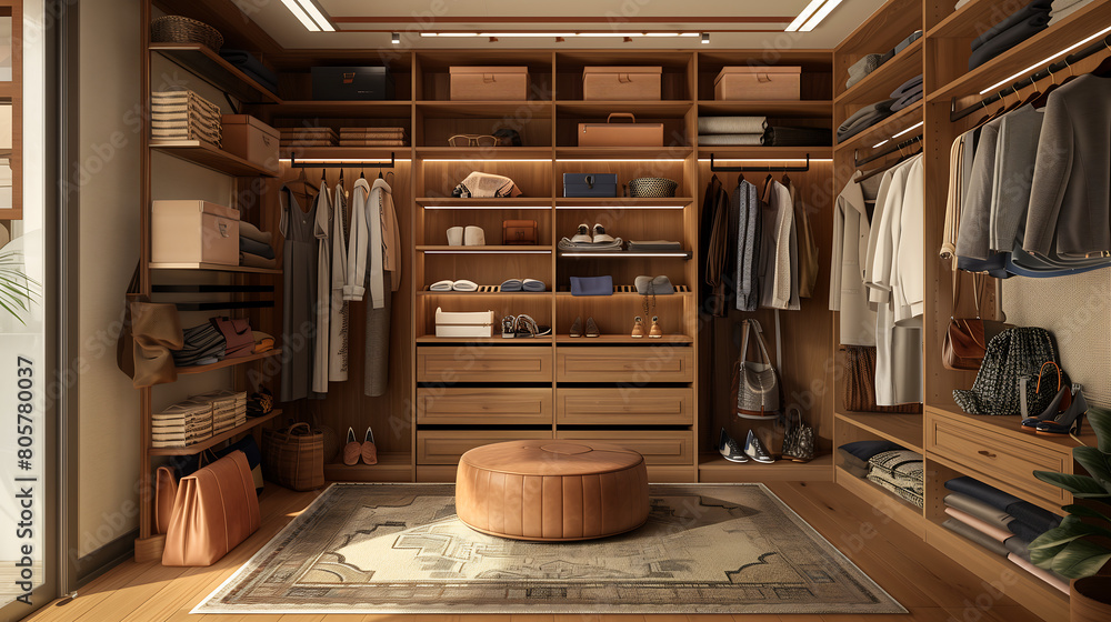 interior modern dressing room with wooden shelves, hanging areas and ...