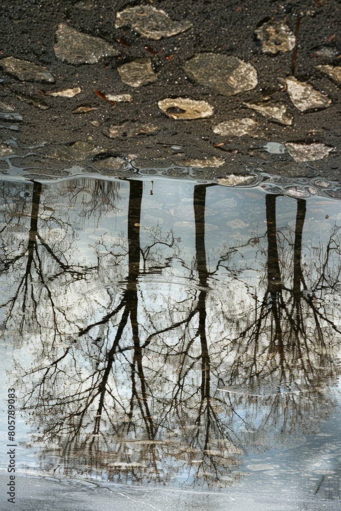 Distorted reflections of trees in a rainwater puddle, with their ...