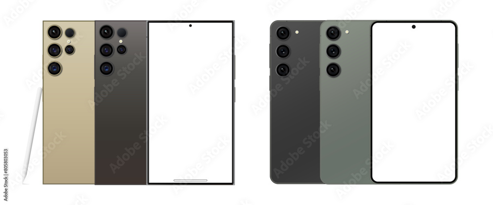 Samsung Galaxy S23, and S24 Ultra in two luxury colors. Smartphone mock ...