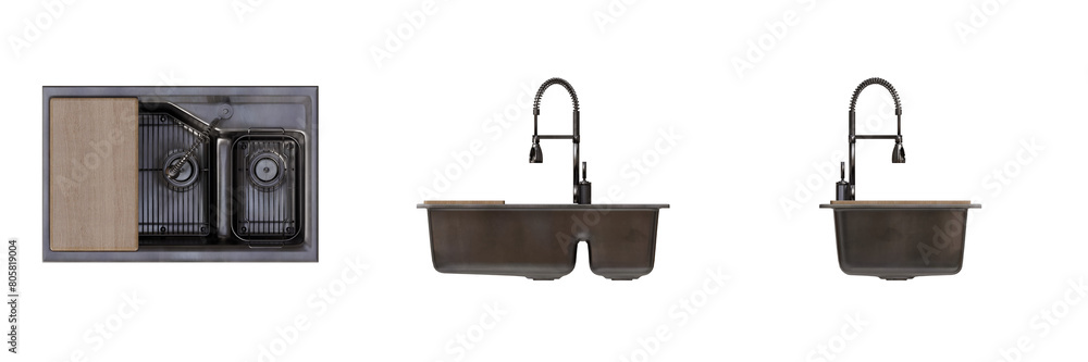 Kitchen Sink with Faucet Top View, Front View, Side View. Isolated ...