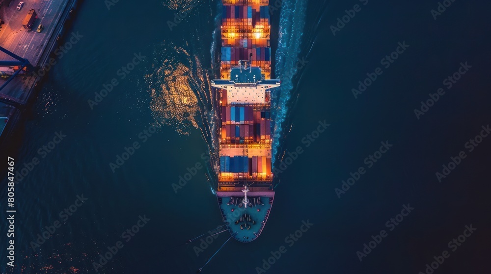 Aerial top view of Container ship loading and unloading, Cargo container in deep seaport for the ...