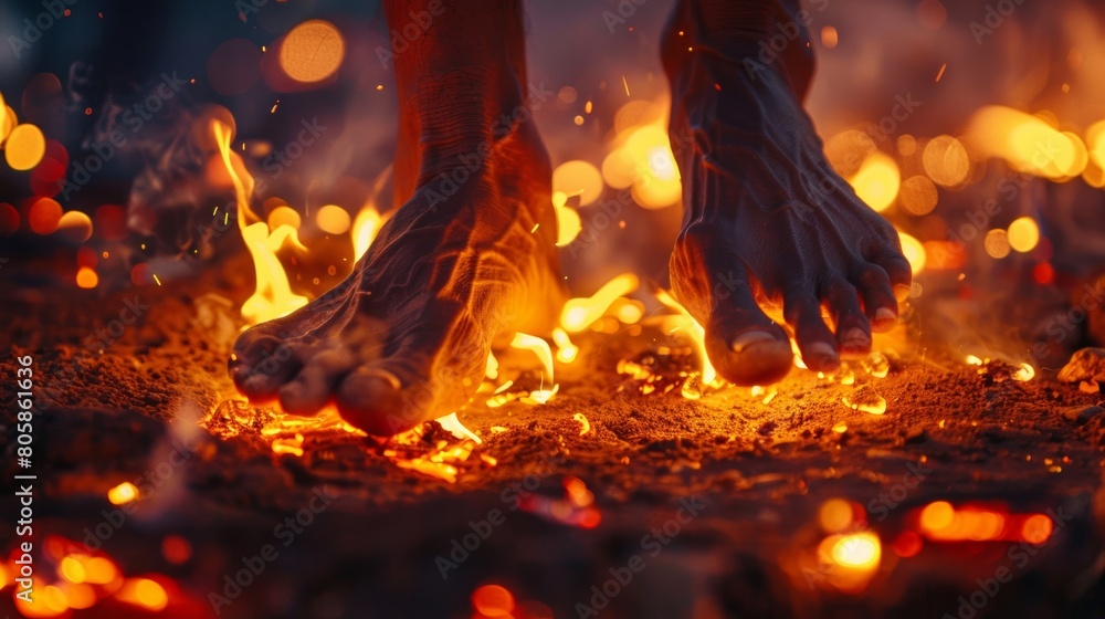 barefoot villager crosses glowing embers in ancient fire-walking ritual ...