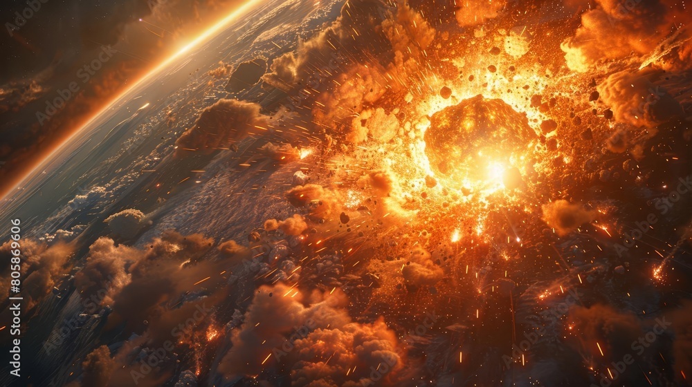 A detailed visualization of a fiery asteroid colliding with Earth ...