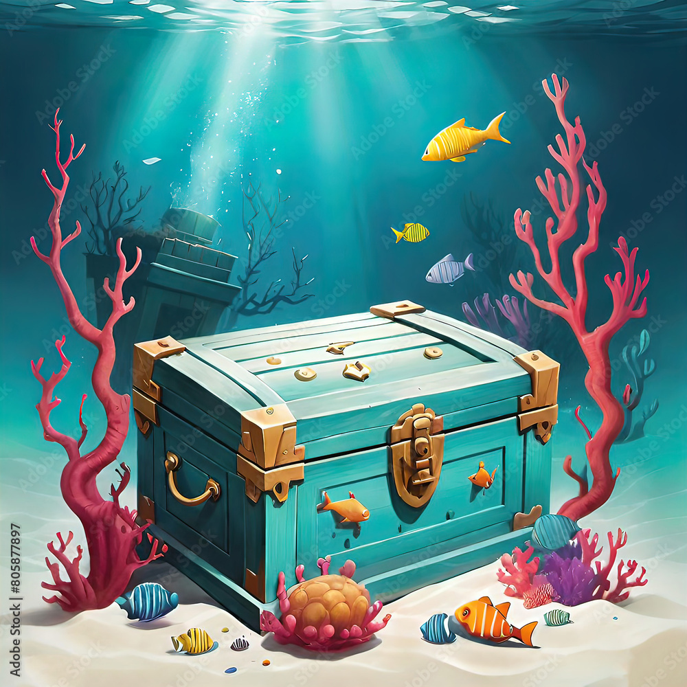 underwater sunken treasure chest, white background, as an illustration ...