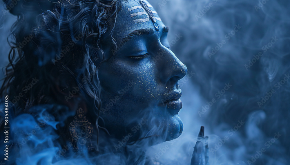 Recreation of Shiva deity hinduist with blue atmosphere around ...