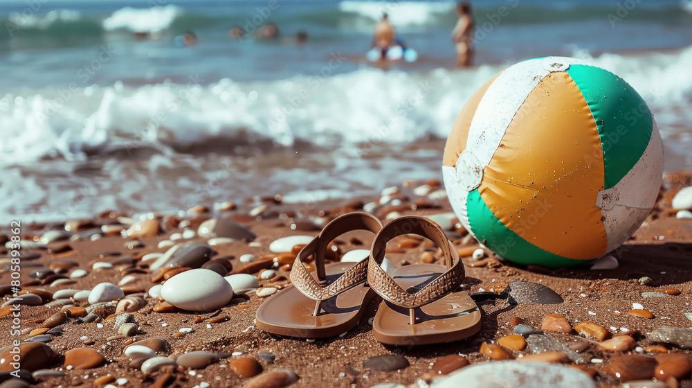 Flip-flops and a beach ball on the shore, close-up, ocean waves in the ...