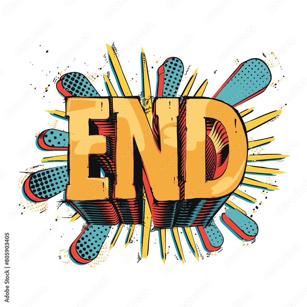 Colorful pop art style word END explodes against abstract splatter ...