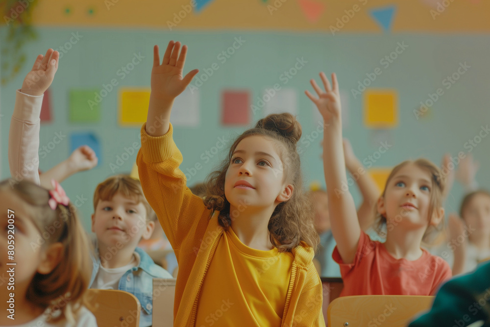 Little Girl in Whole Classroom Raising Hands Knowing Answer. Lesson in ...
