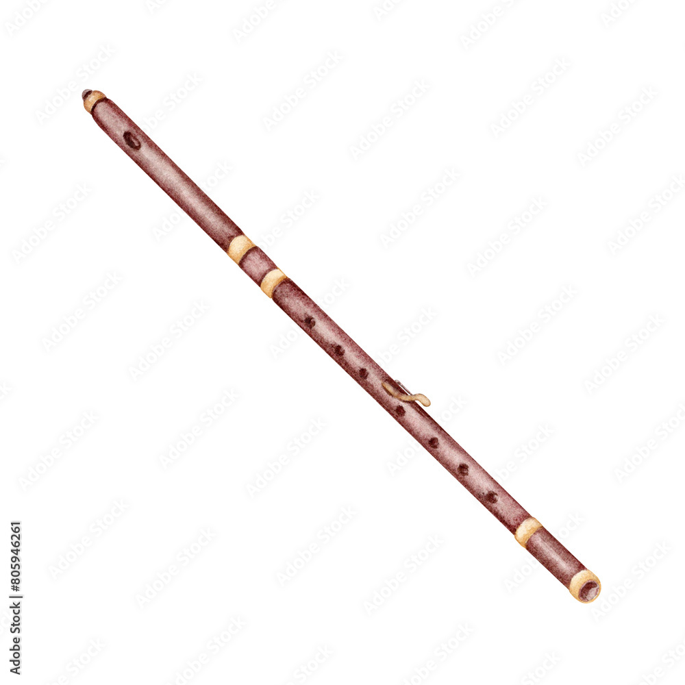 Classical flute music instrument. Hand drawn woodwind piccolo or fife ...