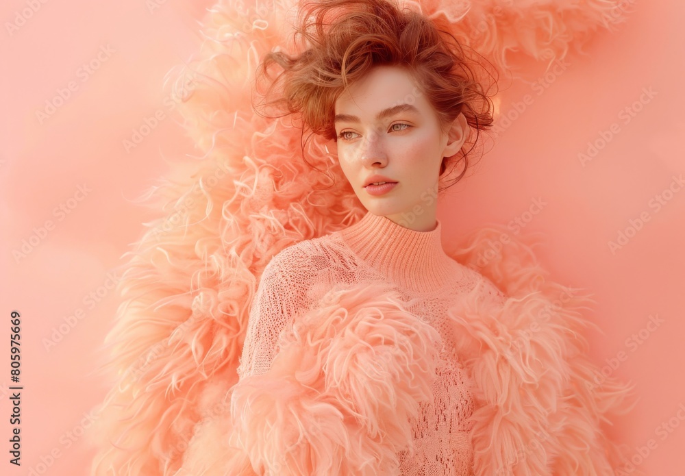 A stunning model wears fluffy peach fuzz attire, reflecting 2025's ...