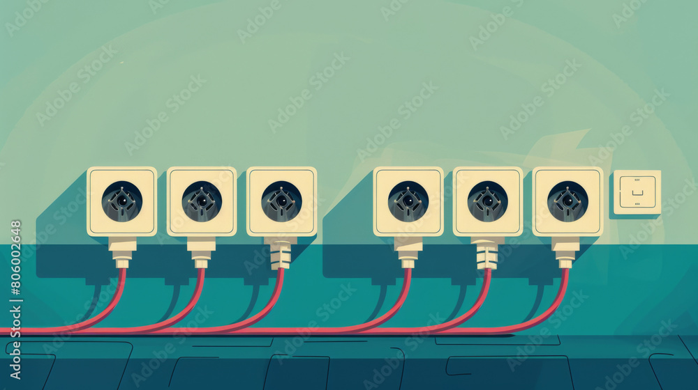 Cartoon illustration of multiple power plugs connected in a row to ...
