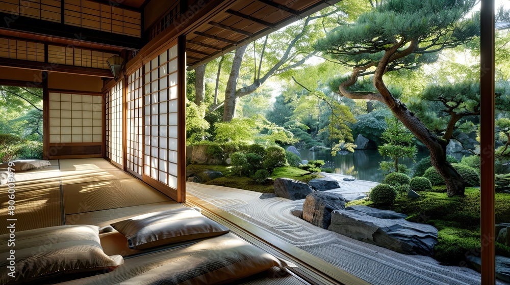 Traditional Japanese ryokan with tatami mat flooring, sliding shoji ...