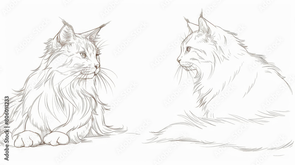 Detailed pencil sketch showing two Maine Coon cats in a serene ...