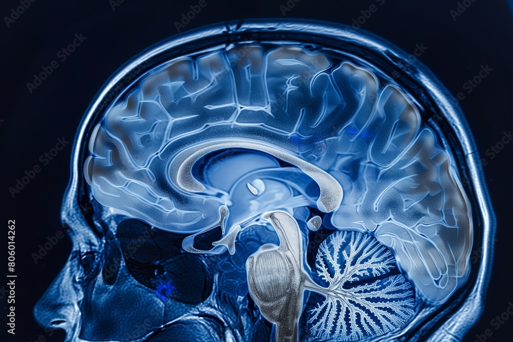 Blue X-ray image of human brain anatomy, 3-D sagittal section (side ...