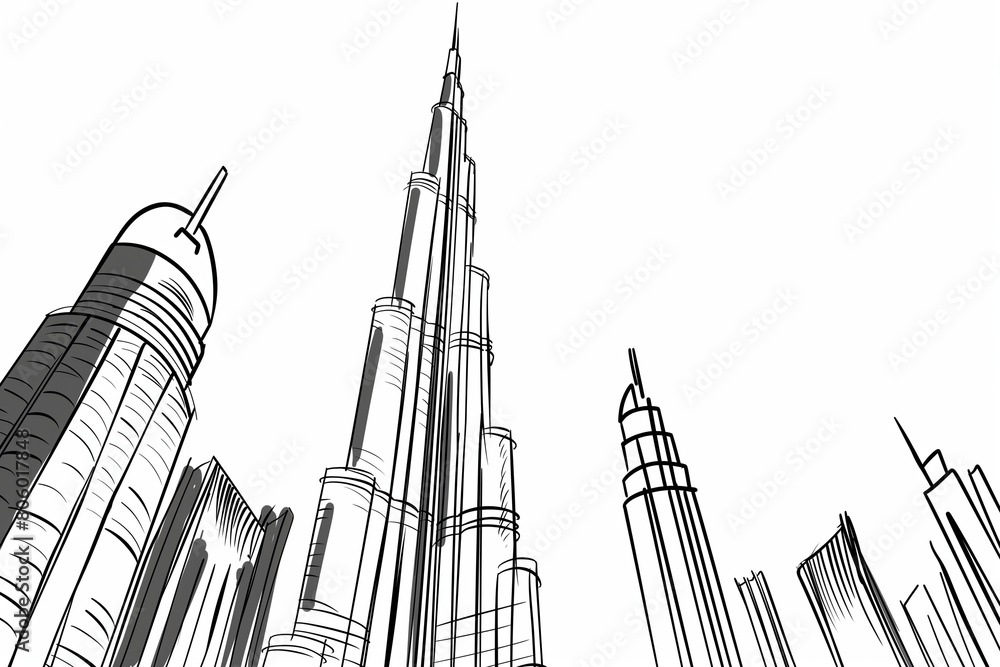 Black and white line drawing illustration of Burj Khalifa, the world's ...
