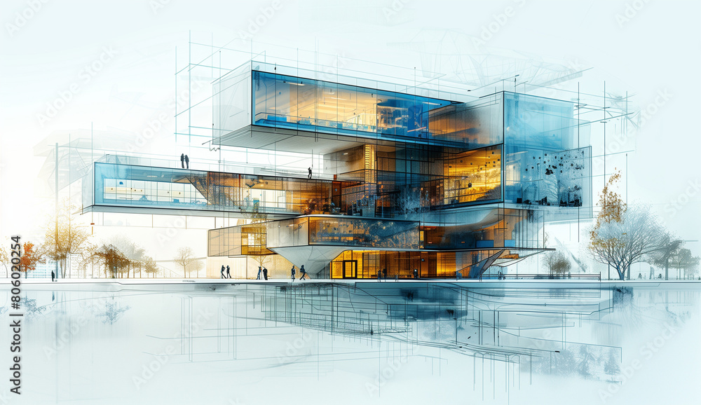 Architectural blueprint of buildings, 3D model of a modern building ...
