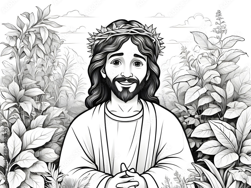 Jesus acute child. coloring page for kids, happy, smiling, surrounded ...