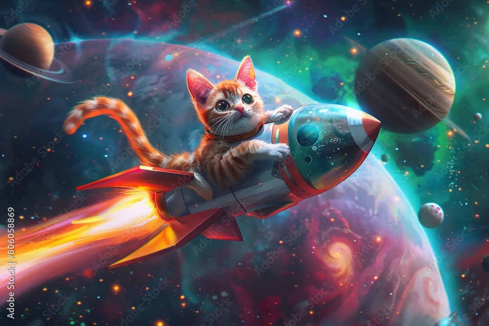 Animated scene of a fearless cat astronaut soaring on a rocket Stock ...