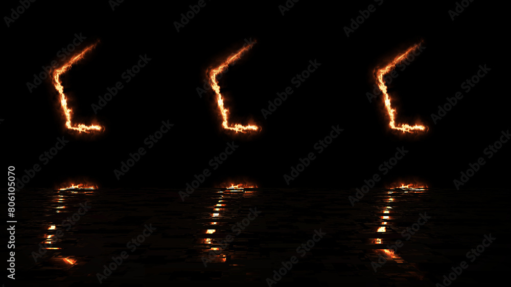 3 moving burning pentagon sign on black. Glowing neon geometric shape ...