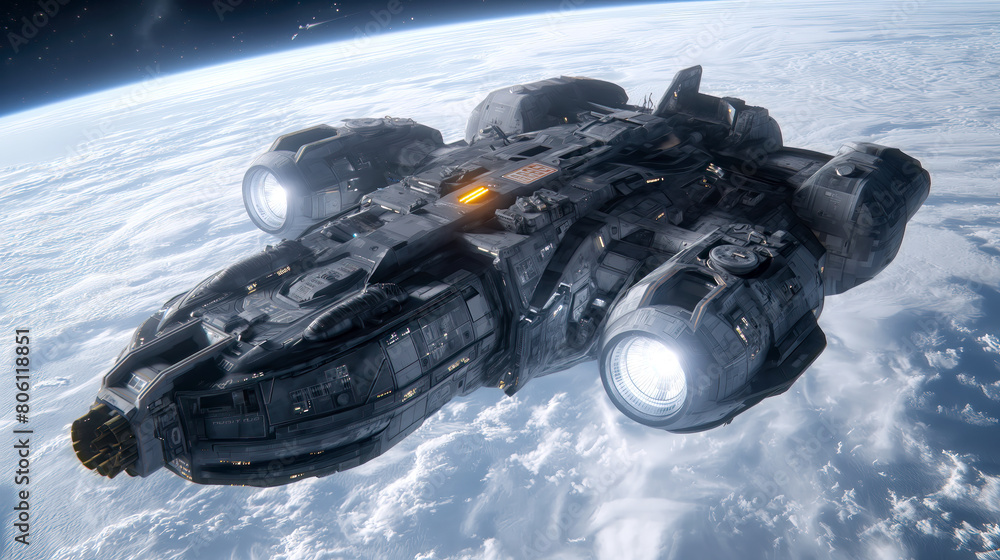 Sci fi spaceship orbiting earth clouds atmosphere, futuristic ...