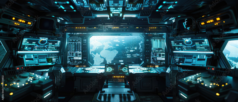 Spaceship cabin interior, dark cockpit with computer screens and dashboard, futuristic command ...