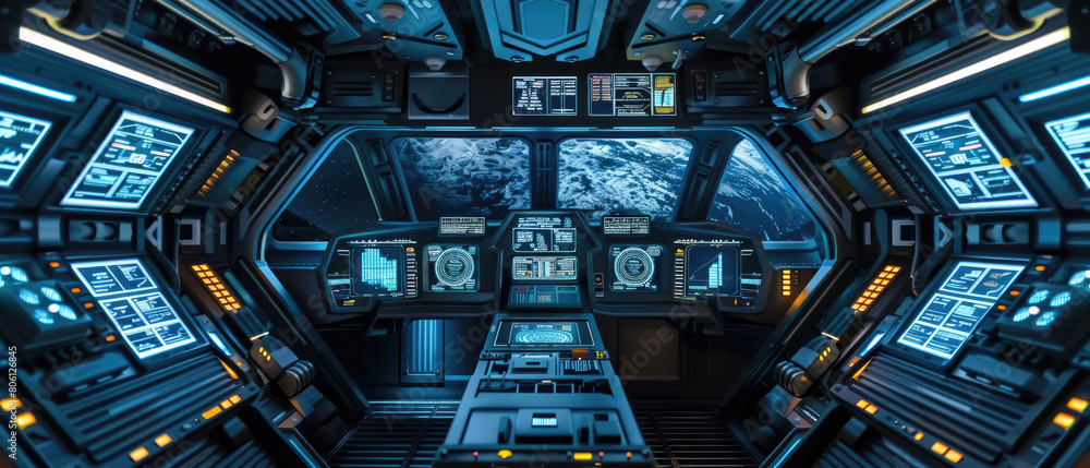 Ilustración de Stock Spaceship cabin interior, dark cockpit with computer screens and dashboard ...