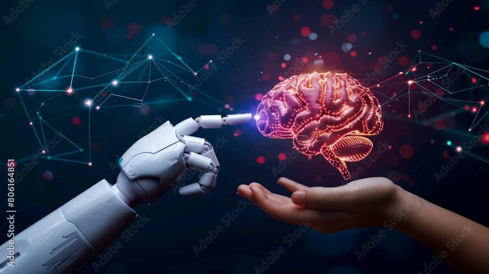 robot hand touching human brain, artificial intelligence concept ...