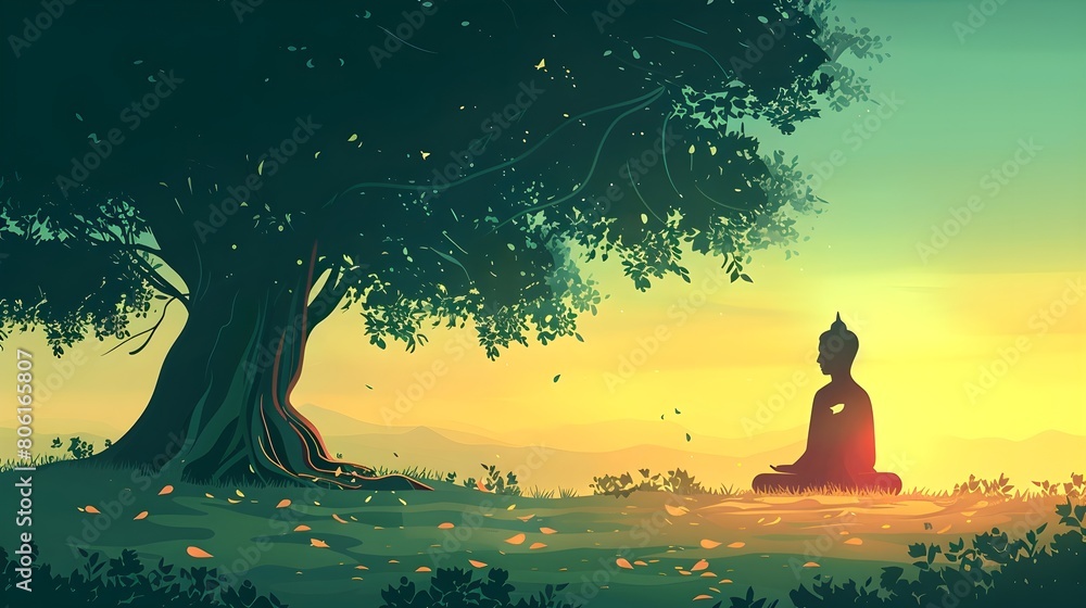 lord buddha meditating under the bodhi tree, with soft sunlight ...