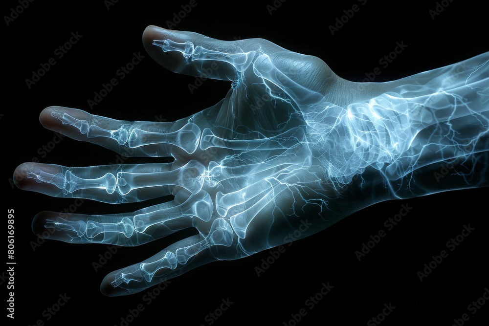 X-ray vision of a hand with electrical energy currents, Concept of ...