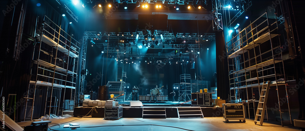 A live stage production being set up in a center stage venue. Rigging ...