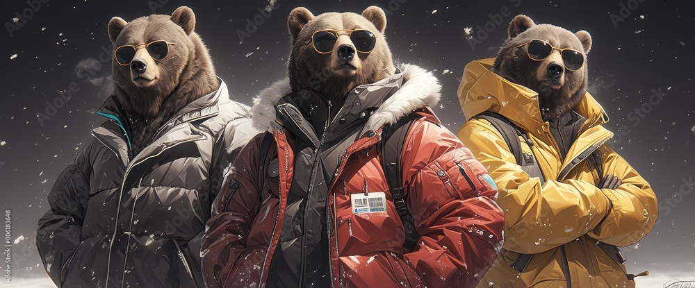 Three grizzly bears in colorful down jackets and with sunglasses ...