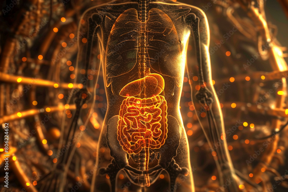 Detailed human body illustration, internal organs glowing lights ...