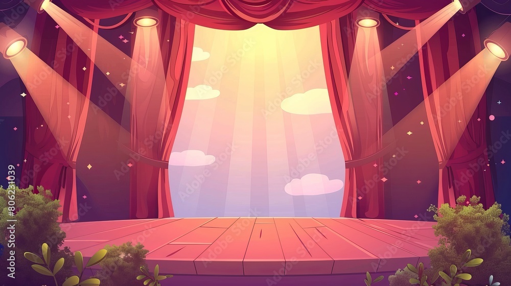 Theater stage with red curtains and spotlights. Vector cartoon ...