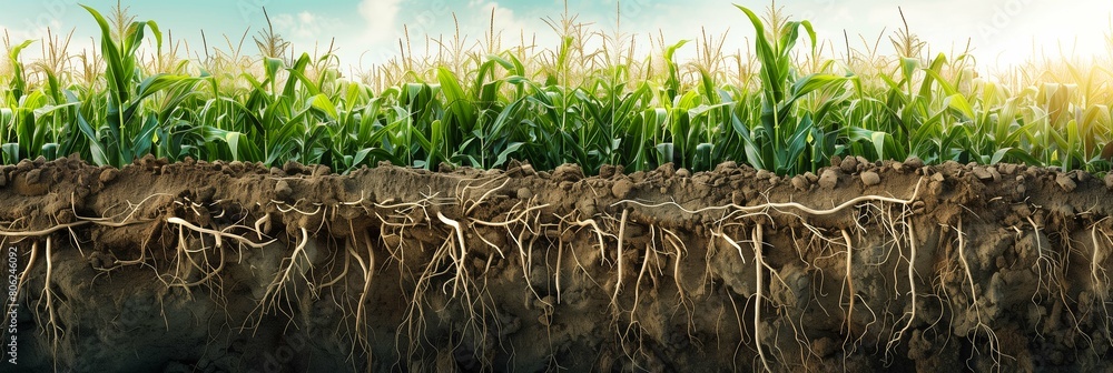 capturing the cross-section of soil, intricate roots, and vibrant corn ...