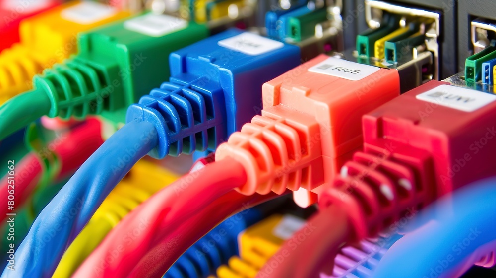 Ethernet cable junction box, close-up, a maze of colorful cables ...