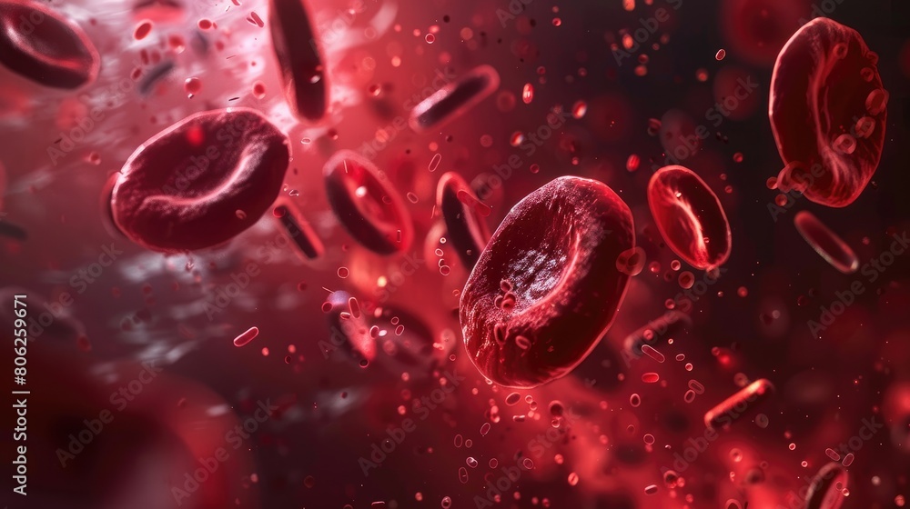 Close-up view of red blood cells in a dynamic, fluid motion, depicting ...