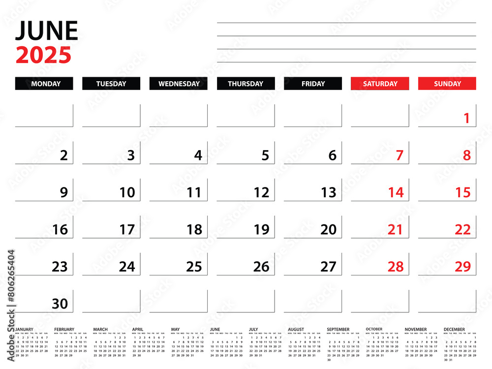 June 2025 year planner template, calendar 2025 template, monthly and ...