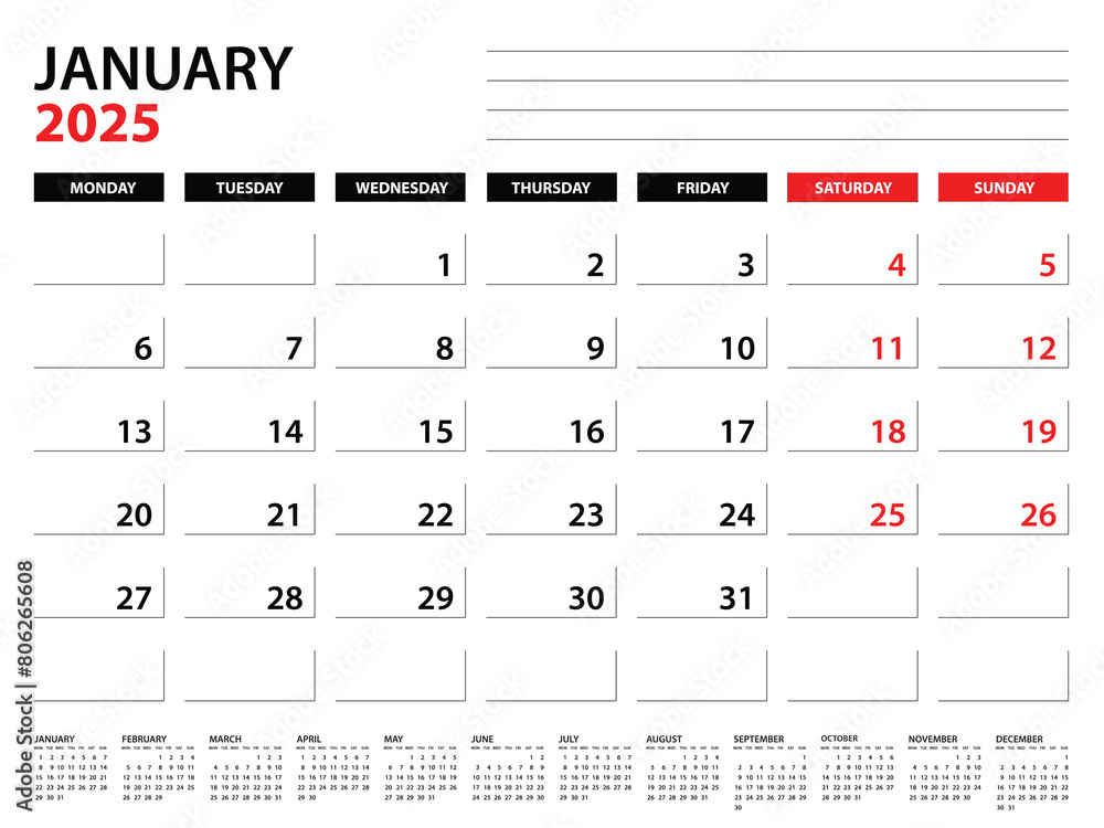 January 2025 year planner template, calendar 2025 template, monthly and ...