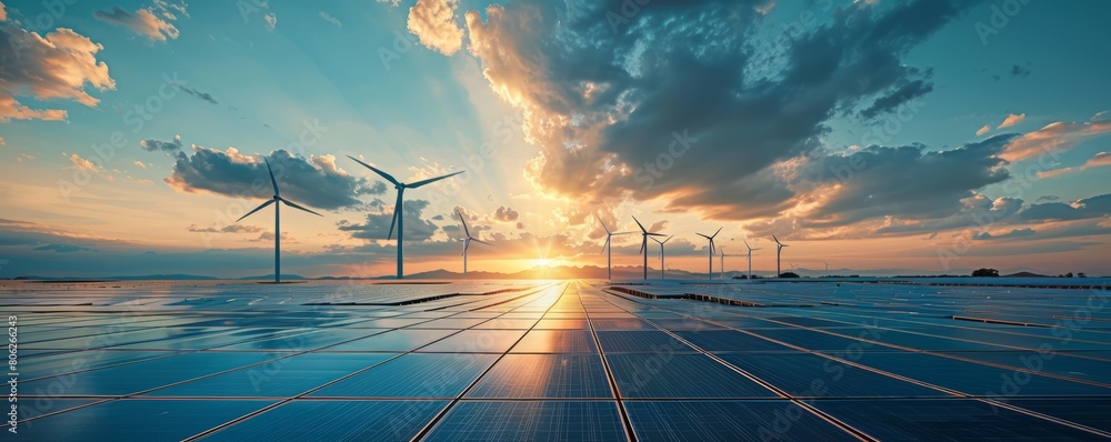 Wind farm and solar panels under a beautiful blue sky with a few clouds ...