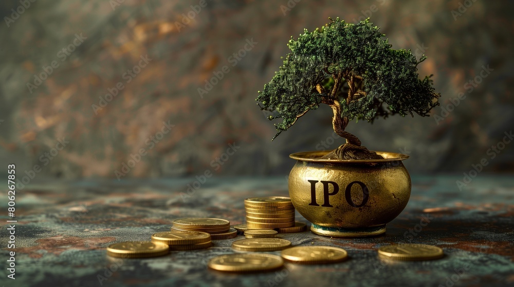 Money tree with leaves sprouting from a shiny golden pot labeled IPO ...