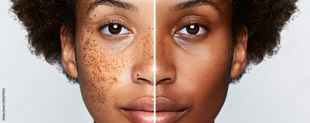 Before and after imagery of a face with hyperpigmentation treatment ...
