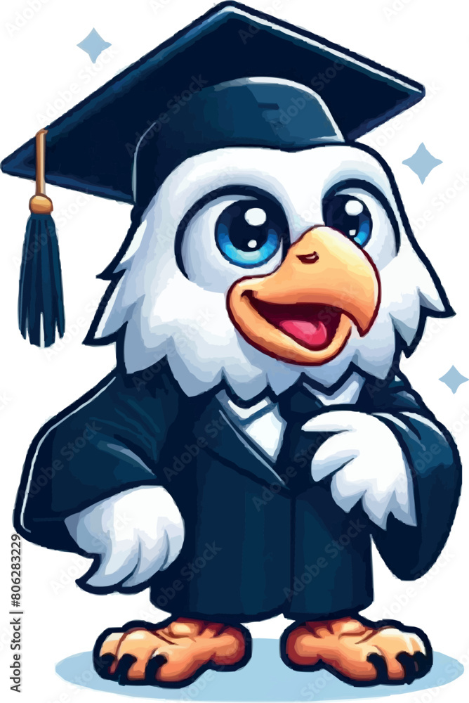 Cartoon bald eagle wearing a black graduation cap and gown, with blue ...