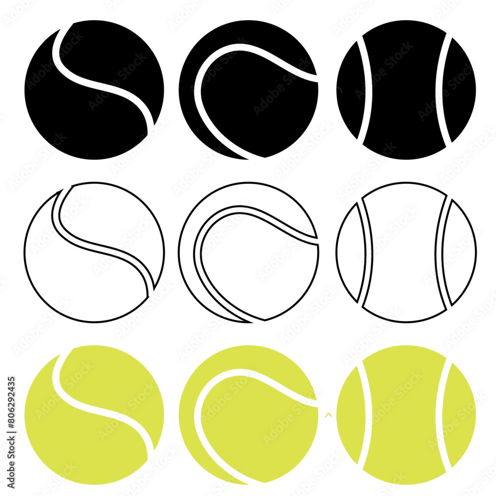 Collection of Tennis Balls in silhouette, outline and coloured versions ...