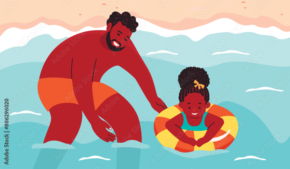 Summer season cartoon illustration with happy dad and daughter resting ...