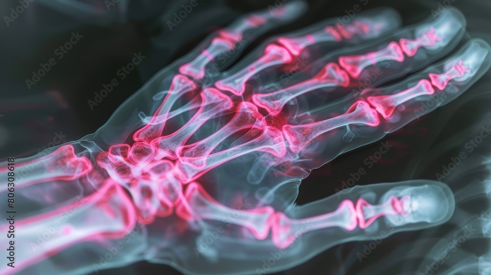 X-ray view of a hand with bone inflammation, red markers indicating ...