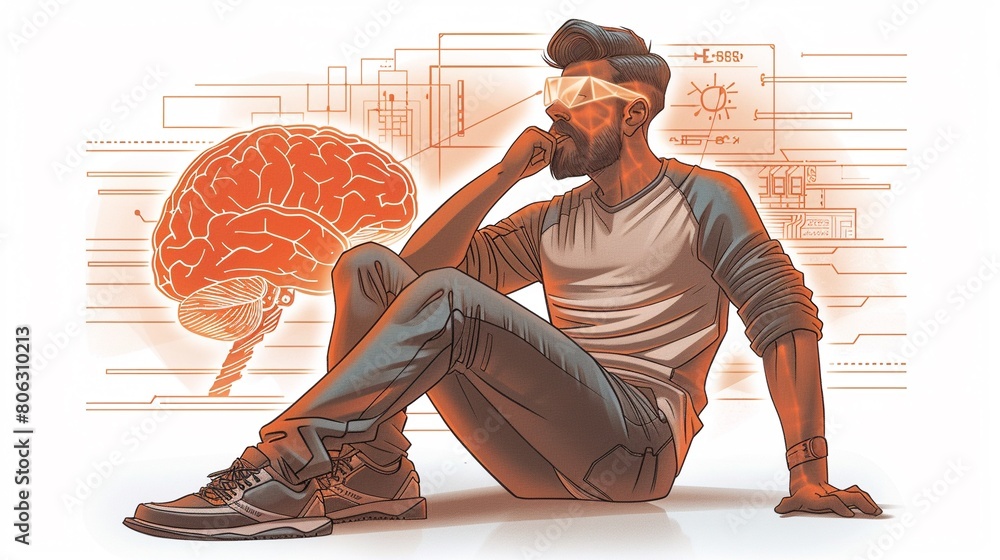 Illustrate an engineer in a thoughtful pose, surrounded by floating ...