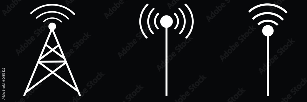 Antenna line icon set. Radio antenna black linear vector isolated on transparent background ...