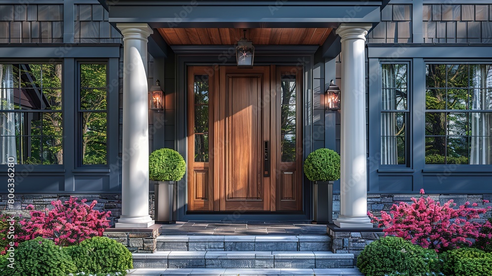 Main entrance door in the house. Wooden front door with gabled porch ...